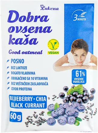 Dobra ovsena kaša
Ovsena kaša - borovnica, čia seme i crna ribizla, 60 g