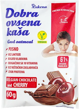 Dobra ovsena kaša
Ovsena kaša - belgijska čokolada i kisela višnja, 60 g