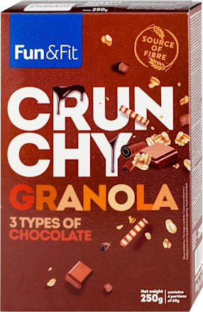 Fun&Fit
CRUNCHY GRANOLA 3 TYPES OF CHOCOLATE Hrskavi musli sa čokoladom, 250 g