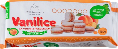 Aleksandrija
Bezglutenske vanilice sa voćnim punjenjem od kajsije, 180 g