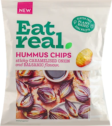Eat Real
HUMMUS CHIPS - slani flips od leblebije sa ukusom karamelizovanog luka i sirćeta, 45 g