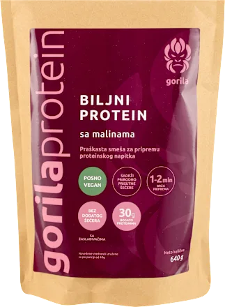 gorilaprotein
BILJNI PROTEINI sa malinom, 640 g
Dodatak ishrani