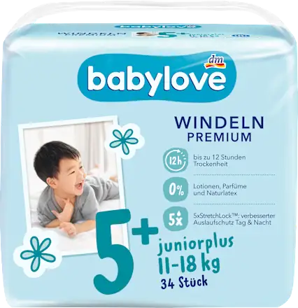 babylove
PREMIUM pelene juniorplus, veličina 5+ (11-18 kg), 34 kom