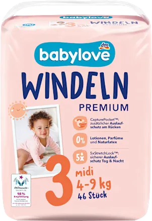 babylove
PREMIUM pelene midi, veličina 3 (4-9kg), 46 kom