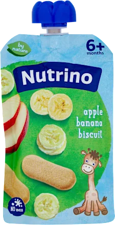 Nutrino
Voćna kaša - jabuke i banane sa keksom, od 6. meseci, 100 g
Dodatak ishrani