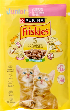 PURINA Friskies
5 PROMESES Junior kompletna vlažna hrana za mačiće - piletina, 85 g
Kompletna hrana za životinje