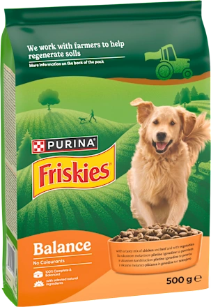 PURINA Friskies
Balance 5 PROMISES kompletna suva hrana za pse - briketi sa piletinom, govedinom i povrćem, 500 g
Kompletna hrana za životinje