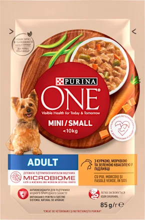 PURINA ONE
ONE MINI ADULT kompletna vlažna hrana za odrasle pse - piletina, šargarepa i boranija, 85 g
Kompletna hrana za životinje