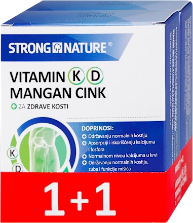 STRONG NATURE
VITAMIN K D MANGAN CINK, 1+1 (30 kapsula + 30 kapsula), 60 kom
Dodatak ishrani