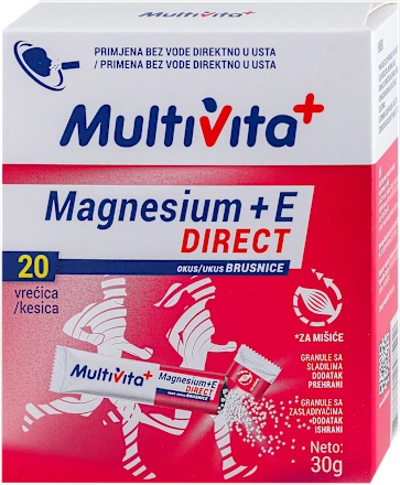 Multivita
Magnesium + vitamin E DIRECT - ukus brusnica, 20 kesica, 30 g
Dodatak ishrani