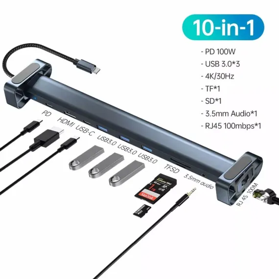 Adapter Type C JWD-TC45 na LAN, PD, HDMI, Type C, 3x USB 3.0, SD, TF, 3.5mm 10u1 sivi
