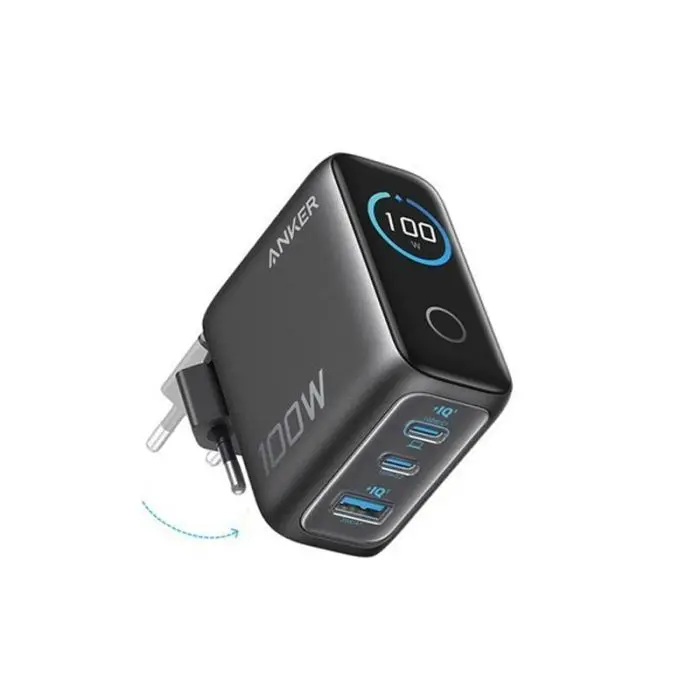 ANKER 100W GaN zidni brzi punjač, 3-porta (2x USB-C i 1x USB-A) sa USB-C M/M pletenim kablom, tamno sivi