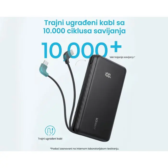 ANKER Zolo 20000mAh, 22.5W, sa ugrađenim USB-C kablom, Power Bank crni
