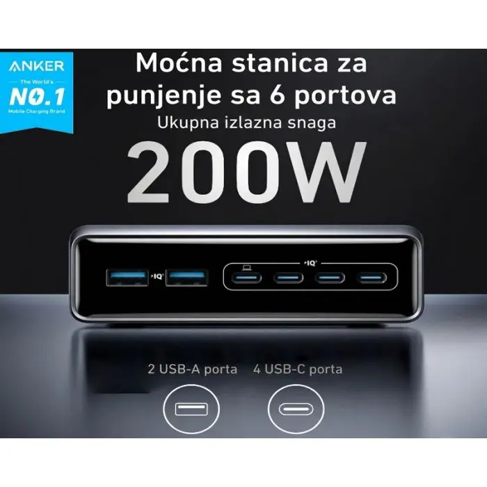 ANKER Prime 200W GaN stoni brzi punjač, 6-portova (4x USB-C i 2x USB-A) srebrni
