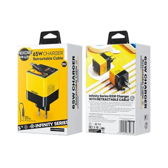 WEKOME WP-U39 Superbrzi Strujni GaN punjač, 2-porta USB (3.0 i 3.1 tip C) 65W sa displlejom i USB 3.1 tip C kablom 0.8m, žuti