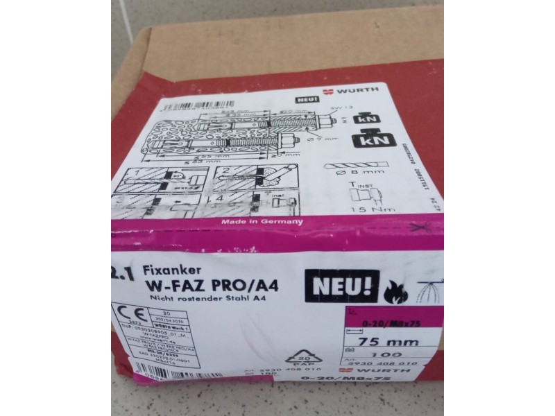 Wurth, anker za beton, M8, 75mm, 100kom, inox