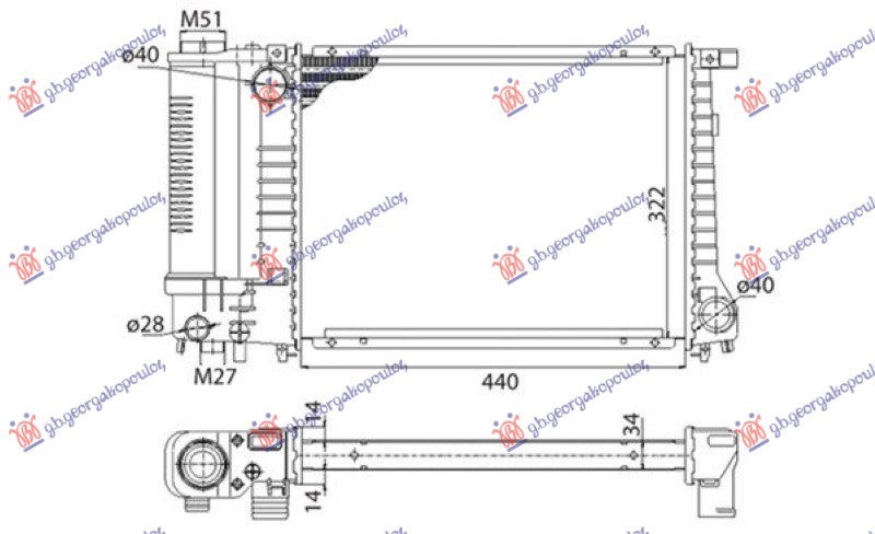 HLADNJAK MOTORA SVO MODELSI BENZIN (MAN) (-AC) (440x330x34) (NRF) BMW SERIES 3 1988-1990 (M40) (OEM: 17111712978, 17111723537)