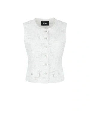 VESTE ÉLÉGANTE SANS MANCHES TYPE GILET EN TWEED DE COTON BLANC AVEC DE FINES PAILLETTES