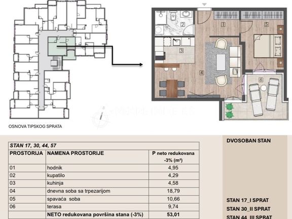 Dvosoban stan u izgradnji, 53,01m², 3.sprat, Obrenovac-CENTAR, 116.622€