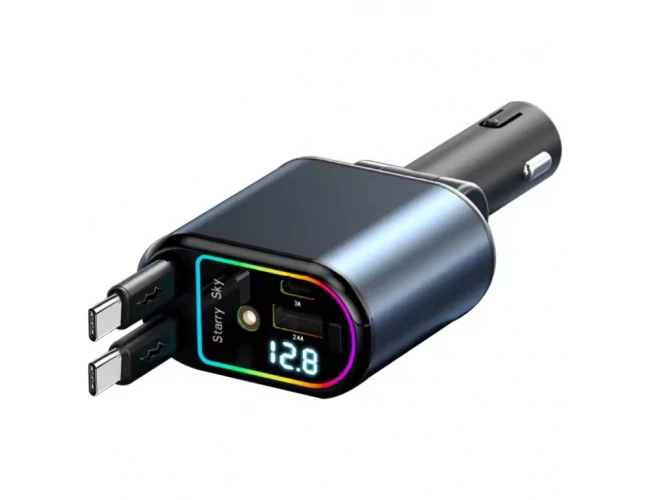 Red JWD Starry Sky RGB Auto punjač za mobilni telefon sa integrisanim USB-C kablomx2 + USB C/A 60W