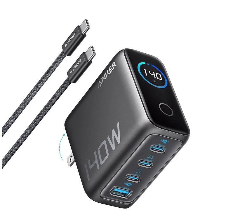 ANKER 140W GaN zidni brzi punjač, 4-porta (3x USB-C i 1x USB-A) sa USB-C M/M pletenim kablom, srebrni