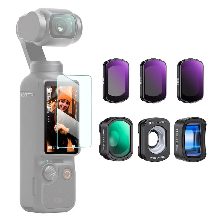 K&F Concept DJI Osmo Pocket 3 1.2X Anamorphic Lens + 10X Macro Lens + Wide-Angle Lens + ND8 + ND32 + ND128, 6-Pack Filter Set Magnetic Attach / Multi-Coated / Optical Glass SKU.2294