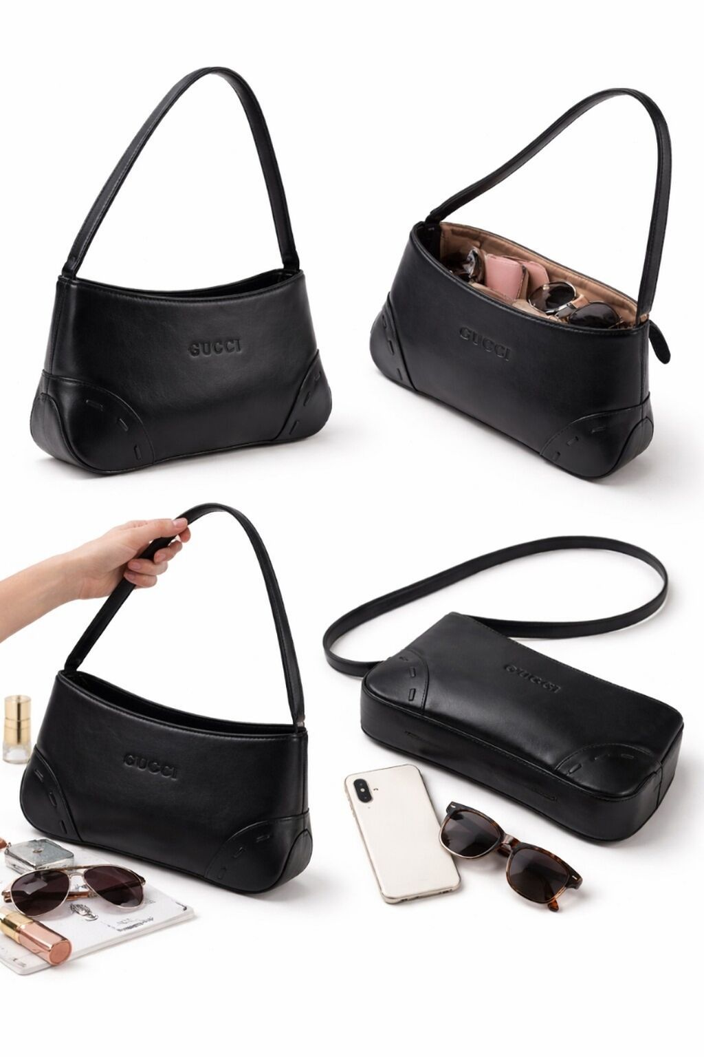 Crna ženska torba GUCCI preko ramena – minimalistički baguette dizajn