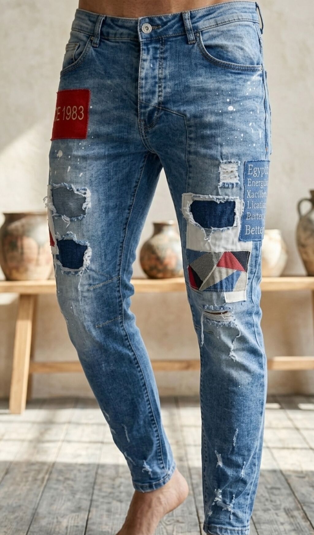 Muške slim-fit farmerke sa patchwork i ripped detaljima - Materijal