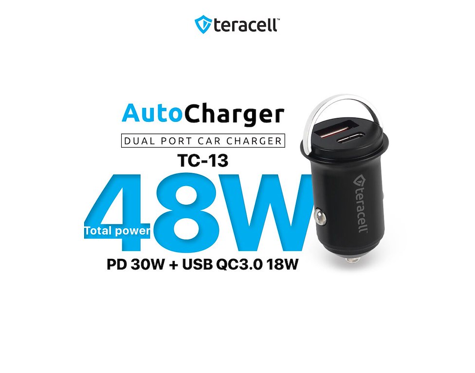 Auto punjac Teracell Evolution TC-13 PD 30W + USB QC3.0 18W, 48W (total) sa Type C kablom crni