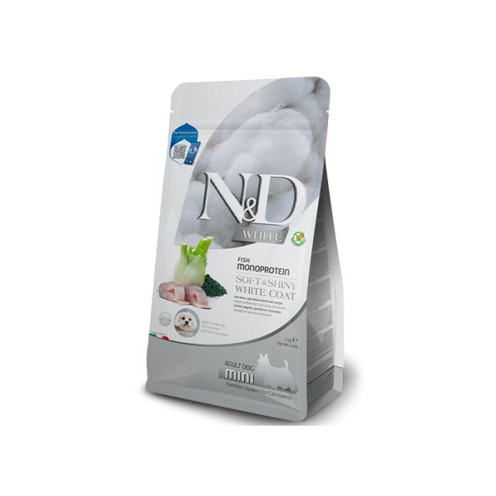 N&D White: Hrana za bele pse Mini Adult, Brancin & Spirulina
