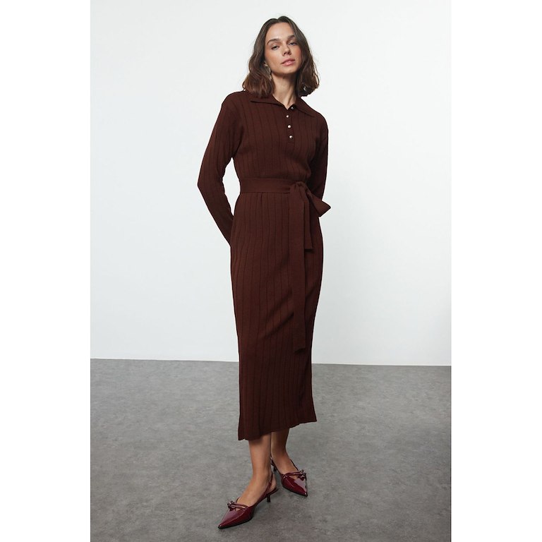 Trendyol Brown Belted Buttoned Polo Collar Knitwear Corduroy Sweater Dress