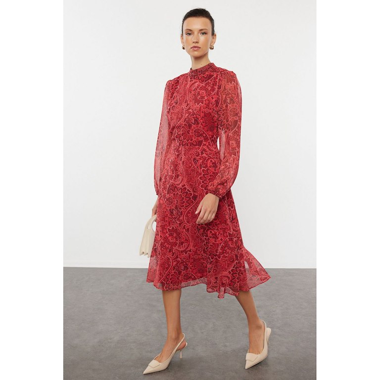Trendyol Red Patterned Flounce Midi Woven Winter Dress