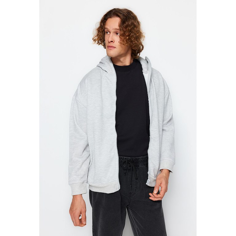 Trendyol Gray Melange Oversize/Wide Cut Zippered Special Collar Cotton Sweatshirt