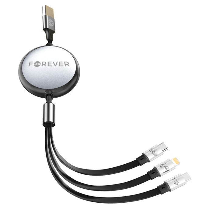 Forever 3u1 (USB-Lightning)+(2x USB-C) 1,2m 100W Kabal crni