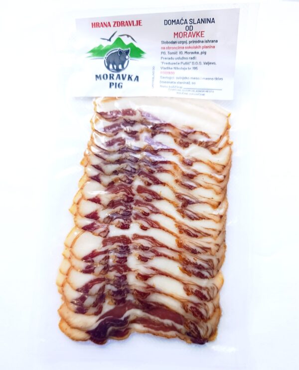 Domaća slanina šarena od svinje Moravke, hladno dimljena, 100g, vakumirana, slajsovana