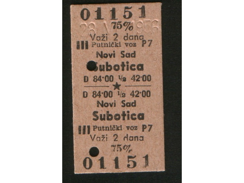 Vozna karta kartonska Novi Sad-Subotica 1956.