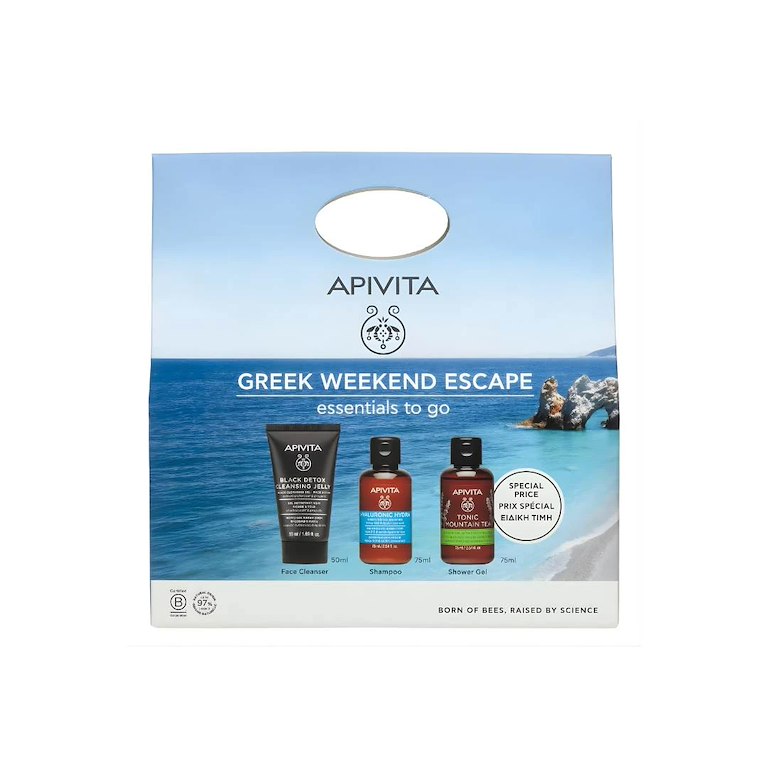 APIVITA PROMO Crni Detoks Gel 50 mL, Šampon za Hidrataciju Kose 75 mL i Gel za Tuširanje Planinski Čaj 75 mL