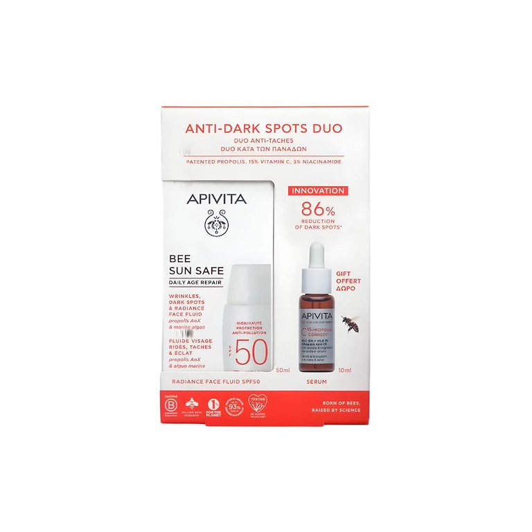 APIVITA BEE SUN SAFE PROMO SET Anti-Dark Spots Duo Fluid za Lice Age Repair SPF50 50 mL i C15 Propolis Correct Serum 10 mL
