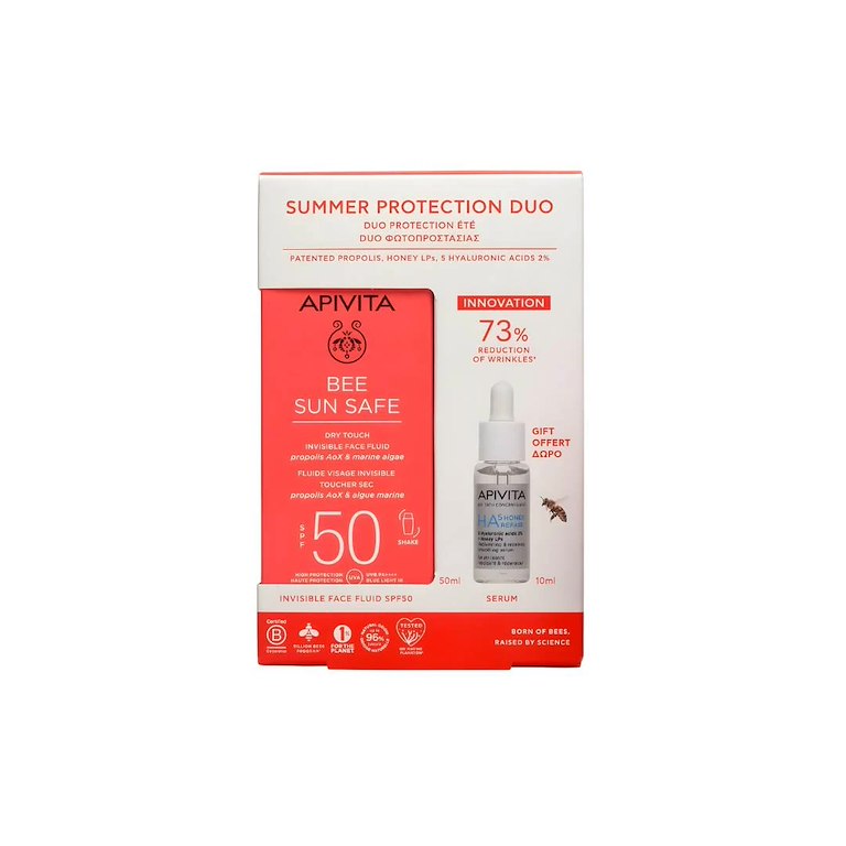 APIVITA BEE SUN SAFE PROMO SET Summer Protection Duo Fluid za Lice SPF50 50 mL i HA5 Honey Repair Serum 10 mL