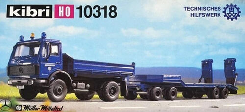 NEW! Kibri 10318 Mercedes-Benz 2/oś wywrotka z przyczepą 4/oś do transportu pojazdów THW