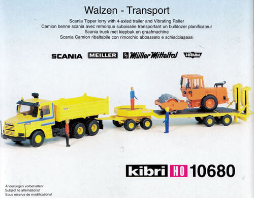 NEW! Kibri 10680 Scania 3/oś wywrotka z przyczepą 4/oś do transportu pojazdów z walcem ziemnym