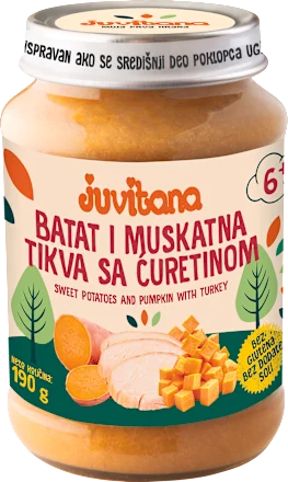 juvitana
Dečija kašica - batat i muskatna tikva sa ćuretinom, 190 g