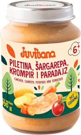 juvitana
Dečija kašica - piletina, šargarepa, krompir i paradajz, od 6. meseca, 190 g