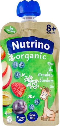 Nutrino
organic voćna kašica - jabuke, šljive, jagode i borovnice sa pirinčem i dodatkom vitamina C, od 8. meseca, 100 g
Dijetetska namirnica