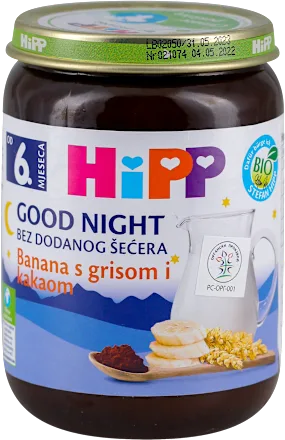 HiPP
Mlečna kašica za laku noć - banana sa grizom i kakaom, od 6. meseca, 190 g
Prelazna hrana