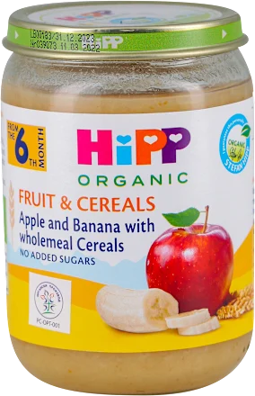 HiPP
ORGANIC kašica - jabuke i banane sa integralnim žitaricama, od 6. meseca, 190 g
Dijetetska namirnica