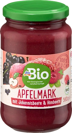 dmBio
Pasterizovana kaša od jabuke, crne ribizle i maline, 360 g