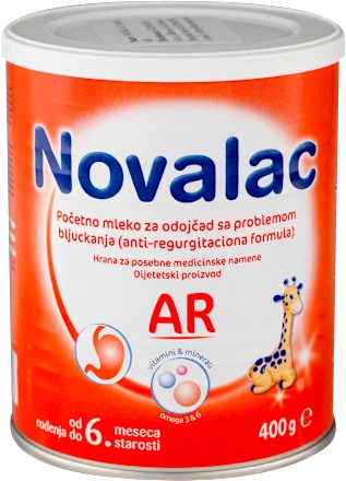Novalac
AR Početno mleko za odojčad sa problemom bljuckanja (anti-regurgitaciona formula), od rođenja do 6. meseca starosi, 400 g
Početna mlečna hrana za odojčad