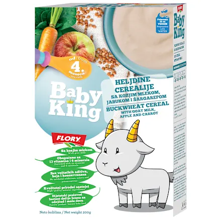 Baby King
HELJDINE CEREALIJE SA KOZIJIM MLEKOM, JABUKOM I ŠARGAREPOM, 200 g
Prelazna hrana