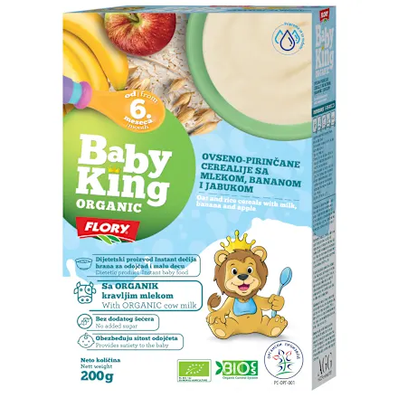 Baby King
ORGANIC OVSENO-PIRINČANE CEREALIJE SA MLEKOM, BANANOM I JABUKOM, od 6. meseca, 200 g
Dijetetska namirnica